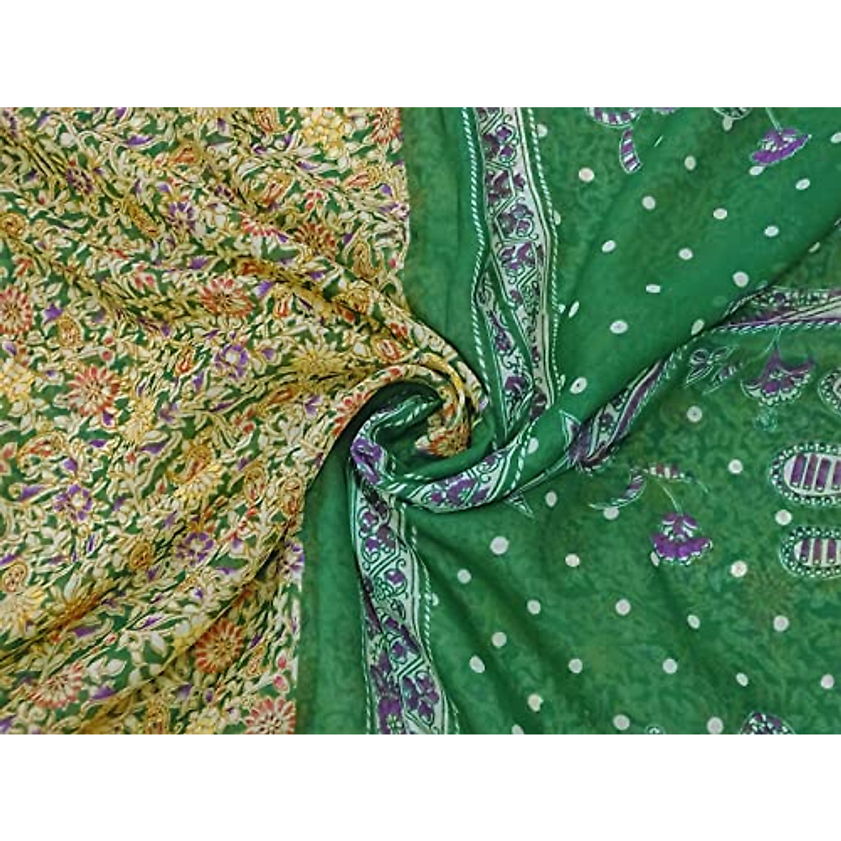 Peegli Vintage Green Textile Fabric Floral Printed DIY Craft Fabric Polyester Recycled Sari