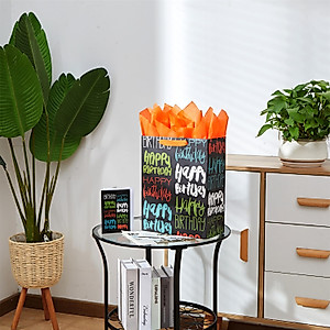 SUNCOLOR 13" Black Large Birthday Gift Bag with Orange Tissue Paper(Colorful Happy Birthday)