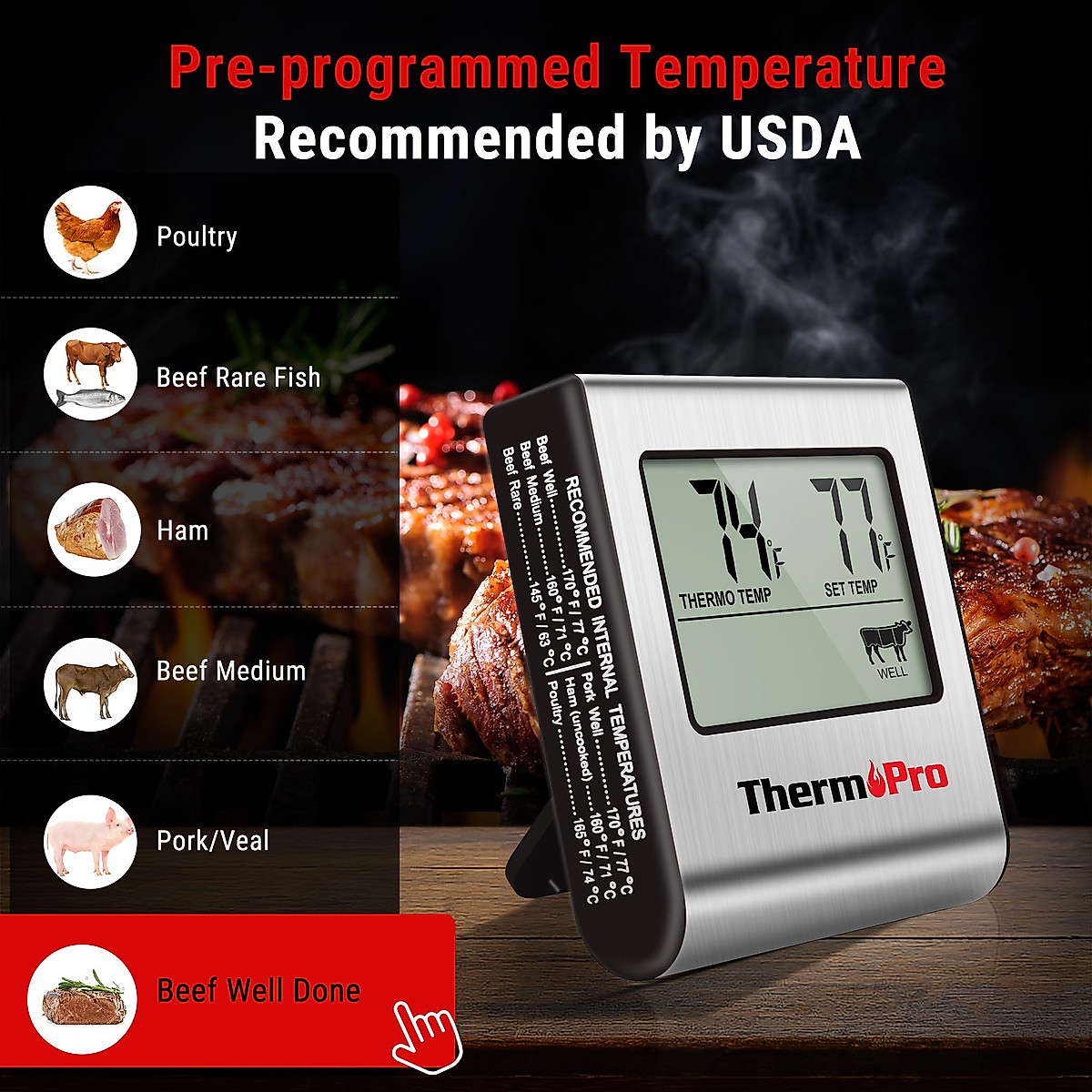 ThermoPro TP-16 Large LCD Digital Cooking Food Meat Smoker Oven Kitchen BBQ Grill Thermometer Clock Timer with Stainless Steel Probe