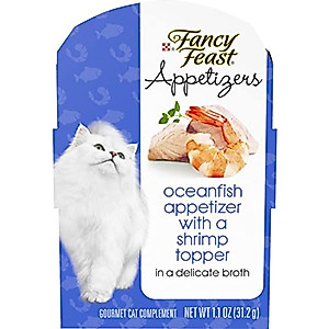 Purina Purely Fancy Feast Appetizers Cat Treats Flavor Variety Sampler Bundle of 12 Containers, (1.1 Ounces Each) with a Bundle a Plastic Noisy Cat Toy Ball and WMB's Sticker.