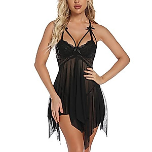 Donnalla Women Sexy Lace Lingerie Babydoll Chemise Boudoir Outfits Sleepwear (Black X-Large)