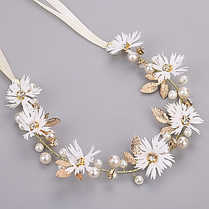 Prasacco Women Flower Headband With Ribbon, Bridal Headband Flower Hair Vine Wedding Hair Accessories Wreath Wedding Party Ladies Girls Garlands Floral Crown Hairband