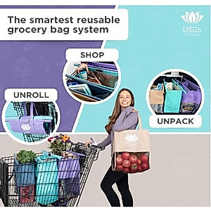Lotus Trolley Bags -set of 4 -w/LRG COOLER Bag & Egg/Wine holder! Reusable Grocery Cart Bags sized for USA. Eco-friendly 4-Bag Grocery Tote. (Purple, Turquoise, Blue, Brown,)