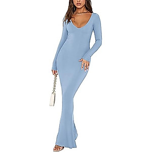 REORIA Women's Sexy Soft Lounge Ribbed Long Dress Fall Elegant Formal Wedding Guest Long Sleeve Deep V Neck Bodycon Maxi Dresses Blue Medium