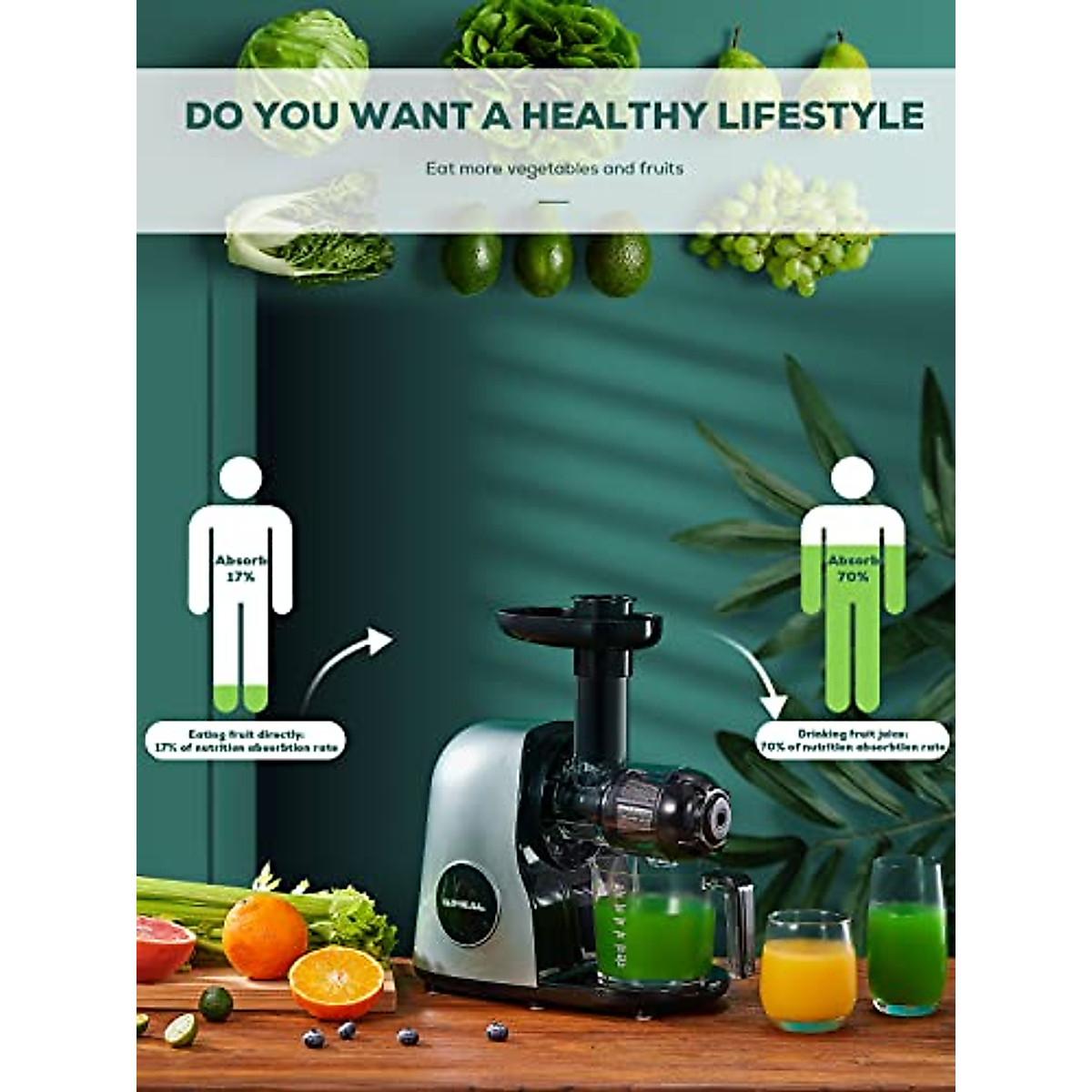 Juicer Machines, Aiheal New Generation Celery Slow Masticating Juicer Extractor Easy to Clean with Brush, Cold Press Juicer with Quiet Motor & Reverse Function for Fruits & Vegetables, Recipes