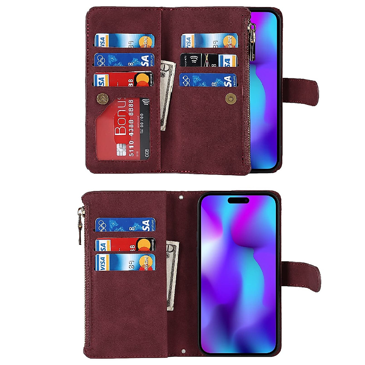 Jaorty for iPhone 14 Pro Max Phone Wallet Case for Women with Credit Card Holder,for iPhone 14 Pro Max Crossbody Case with Strap Lanyard, Zipper Pocket PU Leather Cases,6.7 Inch,Burgundy