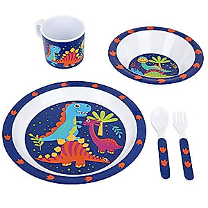5 Pc Mealtime Baby Feeding Set for Kids and Toddlers - Includes Plate, Bowl, Cup, Fork and Spoon Utensil Flatware - Durable, Dishwasher Safe, BPA Free - Dino