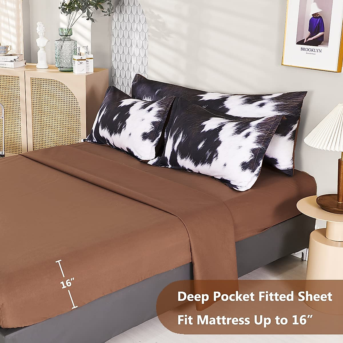 SUCSES Cow Print Comforter Set Queen Size, 8Pcs Cow Fur Print Bed in A Bed, Western Highland Cowhide Bedding Sets with Comforter and Sheets, Super Soft Farmhouse Style Bed Quilt Set for Teens Boys