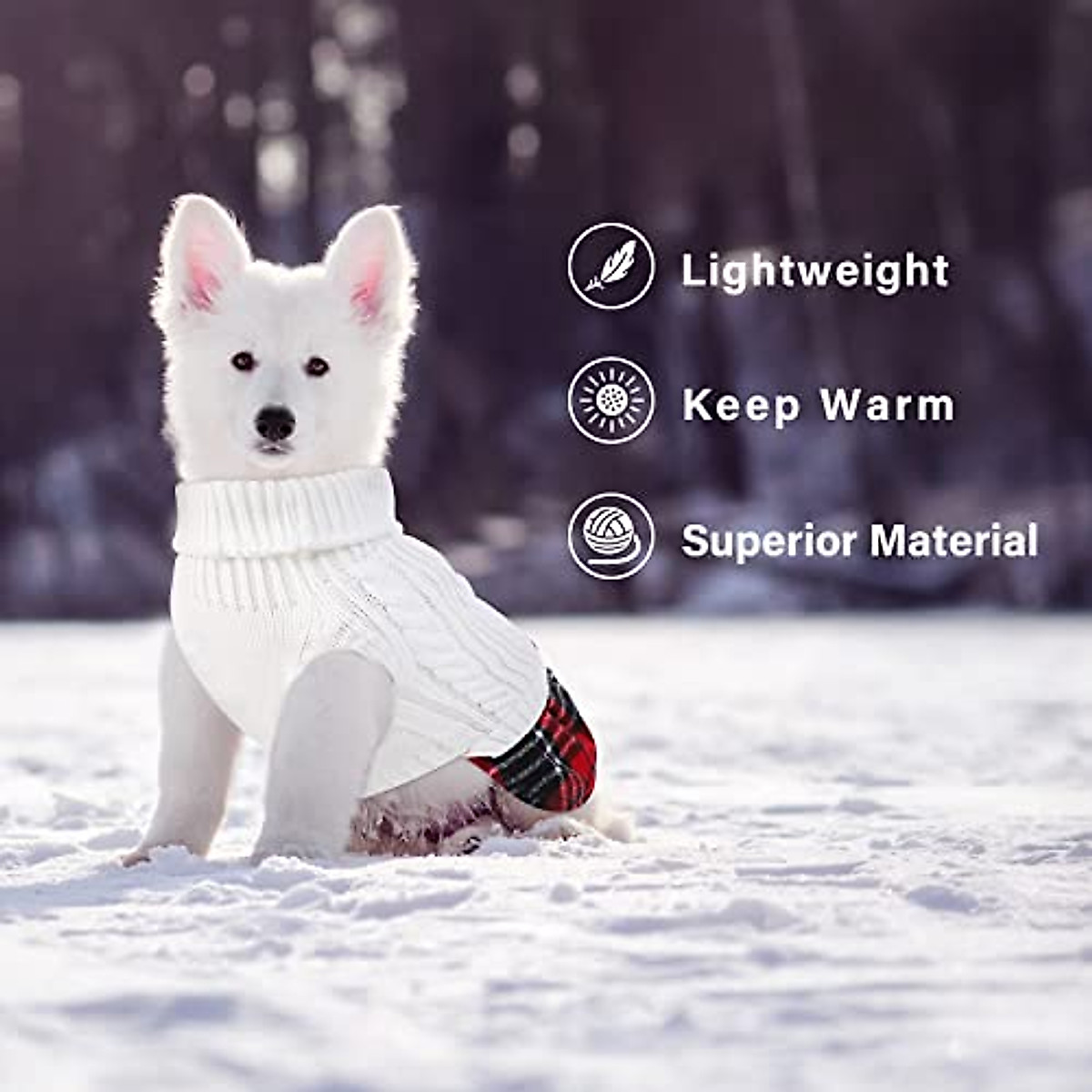 Pedgot 2 Pieces Dog Sweater Dress Plaid with Bowtie Turtleneck Dog Knitwear Pet Sweater Pullover Sweater for Dogs Cat Dress Checked (Beige, Grey, Large