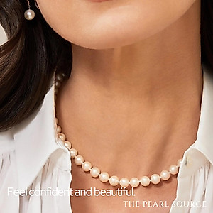 The Pearl Source 14K Gold 6.5-7.0mm Round Genuine White Japanese Akoya Saltwater Cultured Pearl Necklace in 17" Princess Length for Women