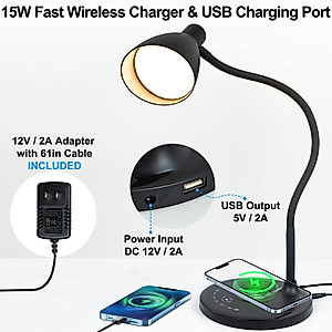 KAiSnova Desk Lamp with Wireless Charger & USB Charging Port, 60 LED Desk Lamps for Home Office, 5 Color & 7 Levels Brightness Touch Control Table Lamp, Gooseneck Desk Lamps for Bedroom Bedside Dorm