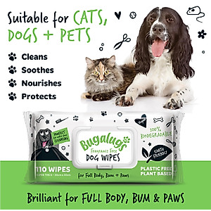 BUGALUGS Dog Wipes, 100% Plastic Free Biodegradable pet Wipes for Full Body, Eye Wipes, Ear Wipes, Bum & Paws. 110 Sensitive Dog Grooming Wipes for Dogs, Puppy & cat Grooming (Fragrance Free)