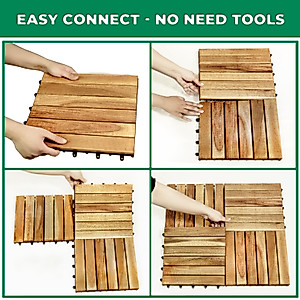 Interlocking Patio Deck Tile (Pack of 10, 12"x12") Acacia Hardwood Deck Tile in Solid Acacia Wooden Oiled Finish Waterproof All Weather Perfect for Indoor Outdoor(Golden Teak Color)…