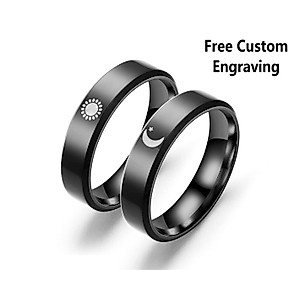 High Polished Comfort Fit Black Matching Rings for Couples Sun and Moon Ring Promise Couple Ring Customized Engagement Wedding Ring Personalized Band Sets for Him and Her Stainless Steel