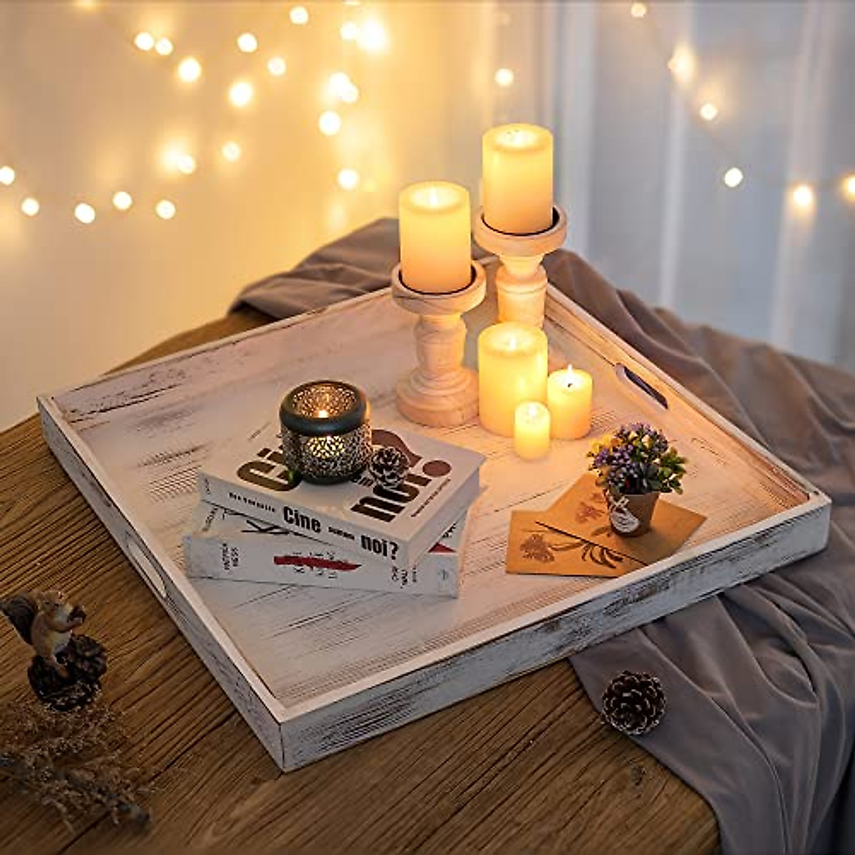 Hanobe Square Large Ottoman Tray: Extra Large Serving Tray with Handles Rustic Wood Whitewash Decorative Coffee Table Trays Farmhouse Home Decor for Living Room Kitchen Counter 24" x 24"