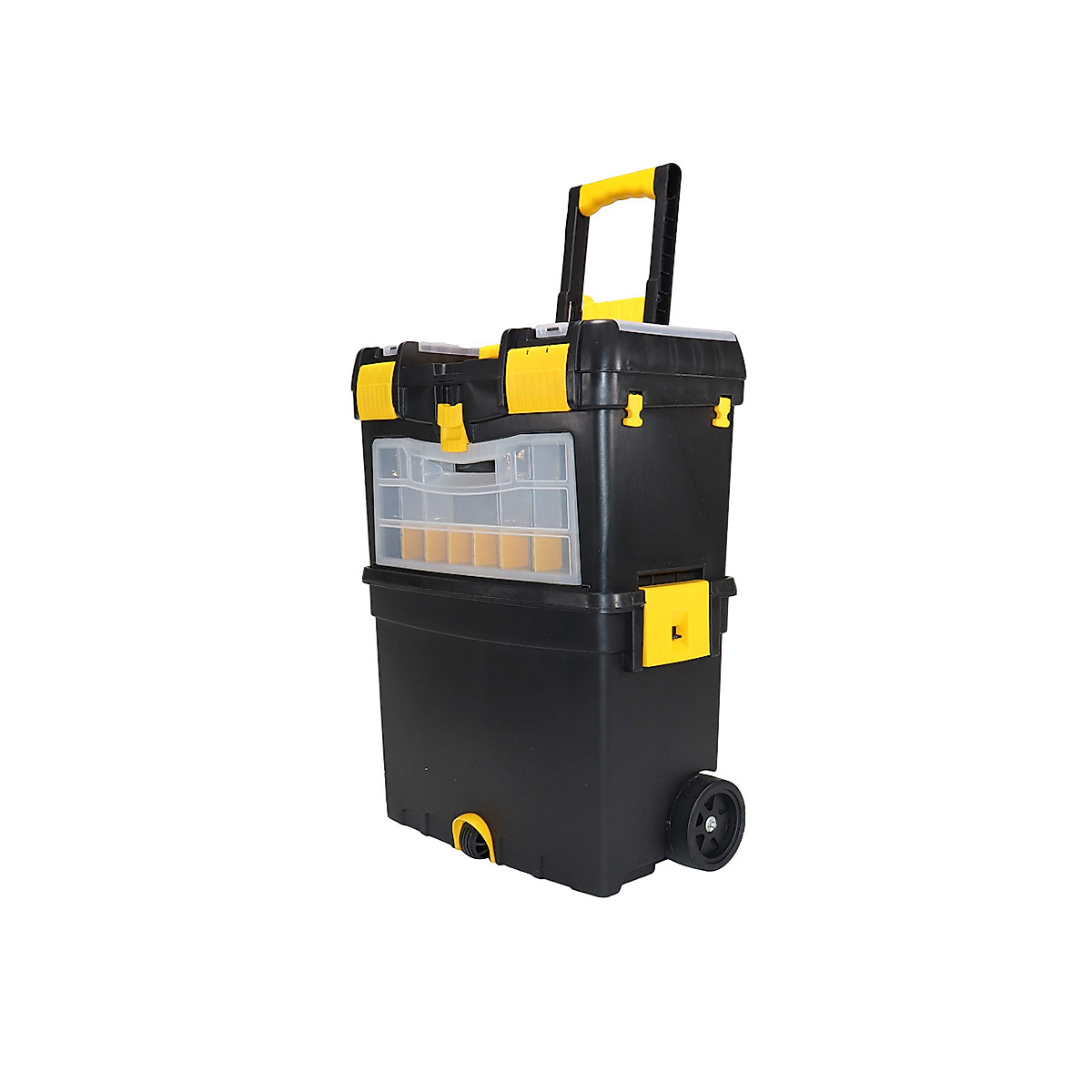 Erie Tools Portable Rolling 2-Tiered Organizer Storage Box with Foldable Auto-Locking Handle and Detachable Storage Compartment for Crafts Toys Fishing Tools