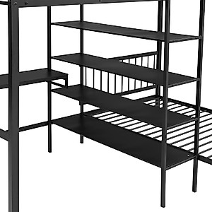 Merax Full Over Twin Metal Bunk Bed, L Shaped Loft Bed Frame with Built-in Desk, Shelves, and Ladder, Black