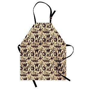 Lunarable Vintage Halloween Apron, Halloween Witch Hat Cauldron Fall Jack o' Lantern Black Cat, Unisex Kitchen Bib with Adjustable Neck for Cooking Gardening, Adult Size, Brown Black