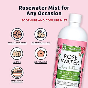 De La Cruz Rose Water Body Mist Refill- Rosewater Spray for Face, Skin and Hair 16 fl oz (1 Bottle)
