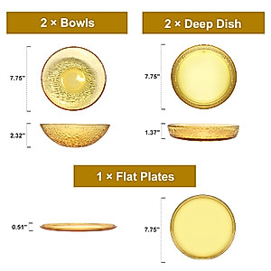 Dizaolive Plates & Bowls Kitchen Dinnerware Sets: 5 Piece Sphere Party Dish Set Microwave Dishwasher Safe Salad Dinner Amber Clear Hammered Glass Decorative Tableware for Soup Pasta Dessert Fruit Cake