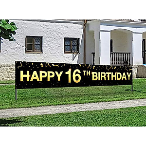 Greatingreat Large Cheers to 16 Years Banner, Black Gold 16 Anniversary Party Sign, 16th Happy Birthday Banner(9.8feet X 1.6feet)