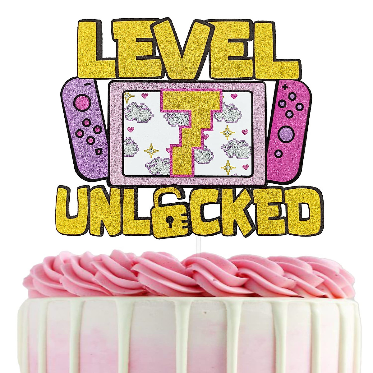 Girls Level 7 Unlocked Cake Topper, Glitter Girls Gaming 7th Birthday Cake Topper, Video Game Theme Party Decoration, Girl Gamer Birthday Favor