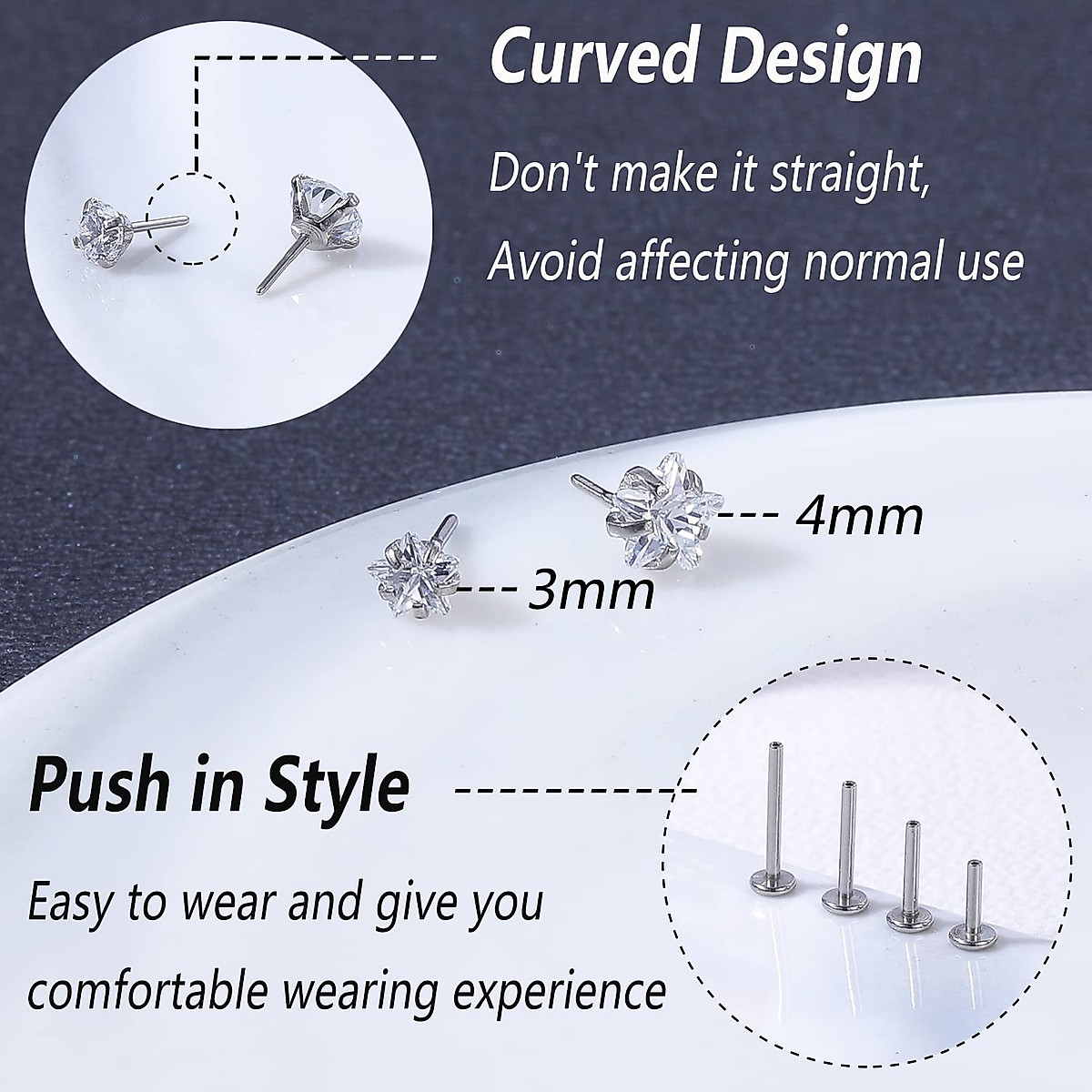ZS 16G Push-in Lip Rings, Stainless Steel Pushin Forward Tragus Helix Earring, Threadless Labret Monroe Medusa Piercing Jewelry for Women Men (TS:3mm, L:6mm)