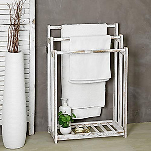 MyGift Shabby Whitewashed Wood Freestanding 3 Bar Towel Rack Holder with Bottom Storage Shelf, Laundry and Bathroom Towel Drying Rack
