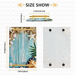 Seashells on Sand Bathroom Sink Vanity Trays With Gold Handles Starfish Palm Leaf Countertop Organizer Tray Acrylic Makeup Perfume Tray Dresser Tray Holder Decor Tray For Candle Small Plant Coffee