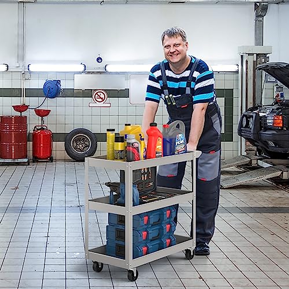 IRONMAX 3-Tier Utility Service Cart, 400 Lbs Heavy Duty Metal Trolley Rolling Cart w/Ergonomic Flat Handle, Lockable 360°Swivel Wheels, Chic Mechanic Tool Cart for Garage Warehouse & Repair Shop