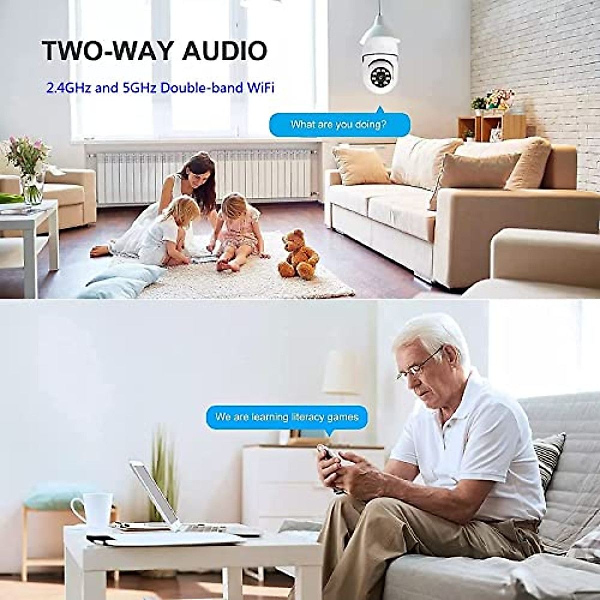 KOWVOWZ 360 Degree Security Cameras Wireless Outdoor, 2.4GHz & 5GHz WiFi Light Bulb Camera, 1080p Indoor for Home Camera System, Motion Detection, Two-Way Audio (2PCS)