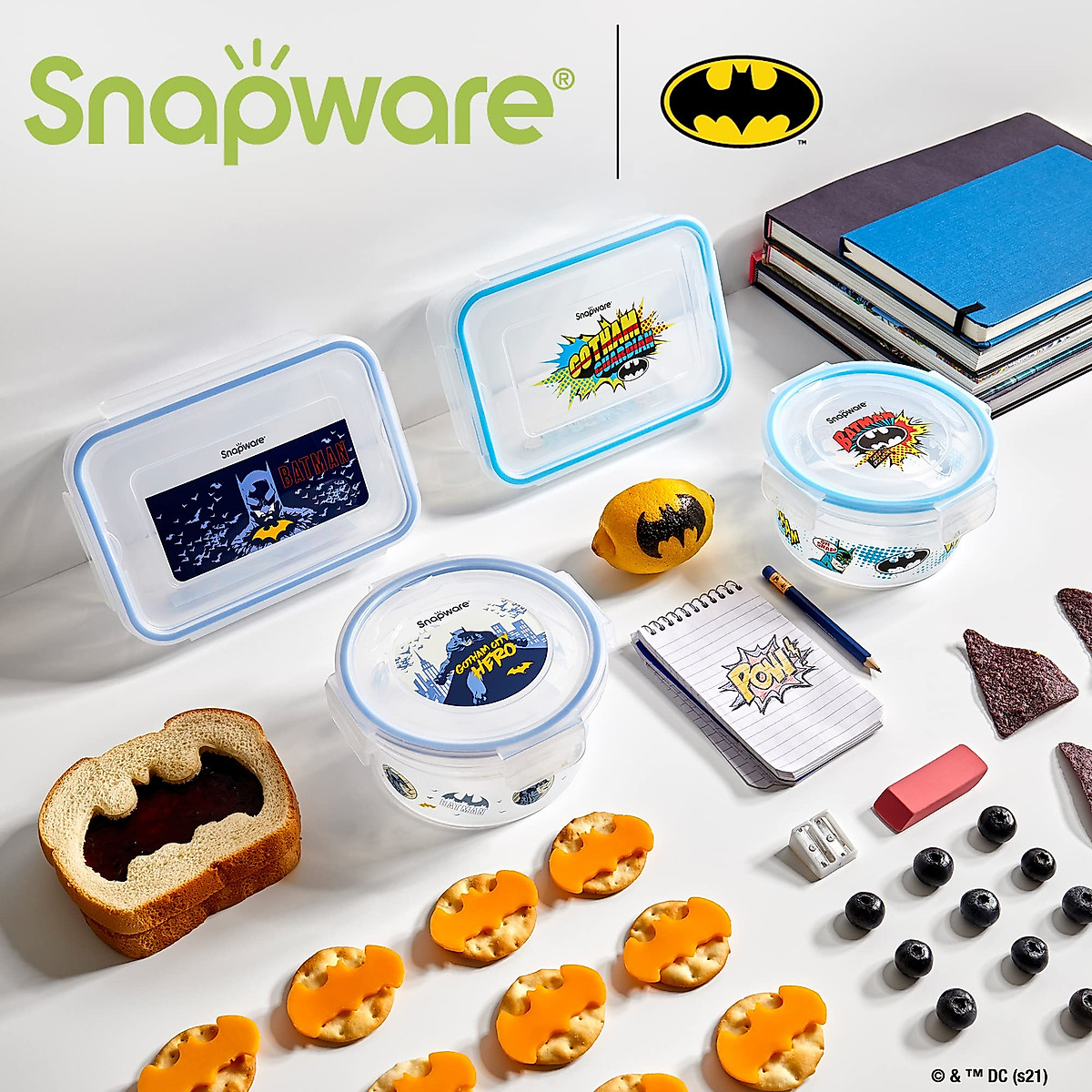 Snapware 8-Pc Plastic Food Storage Containers Set, 4.6-Cup & 3-Cup Meal Prep Containers with Lid, Non-Toxic, BPA-Free Lids with 4 Tab Locking Lids, Dishwasher, Microwave, and Freezer Safe, Batman