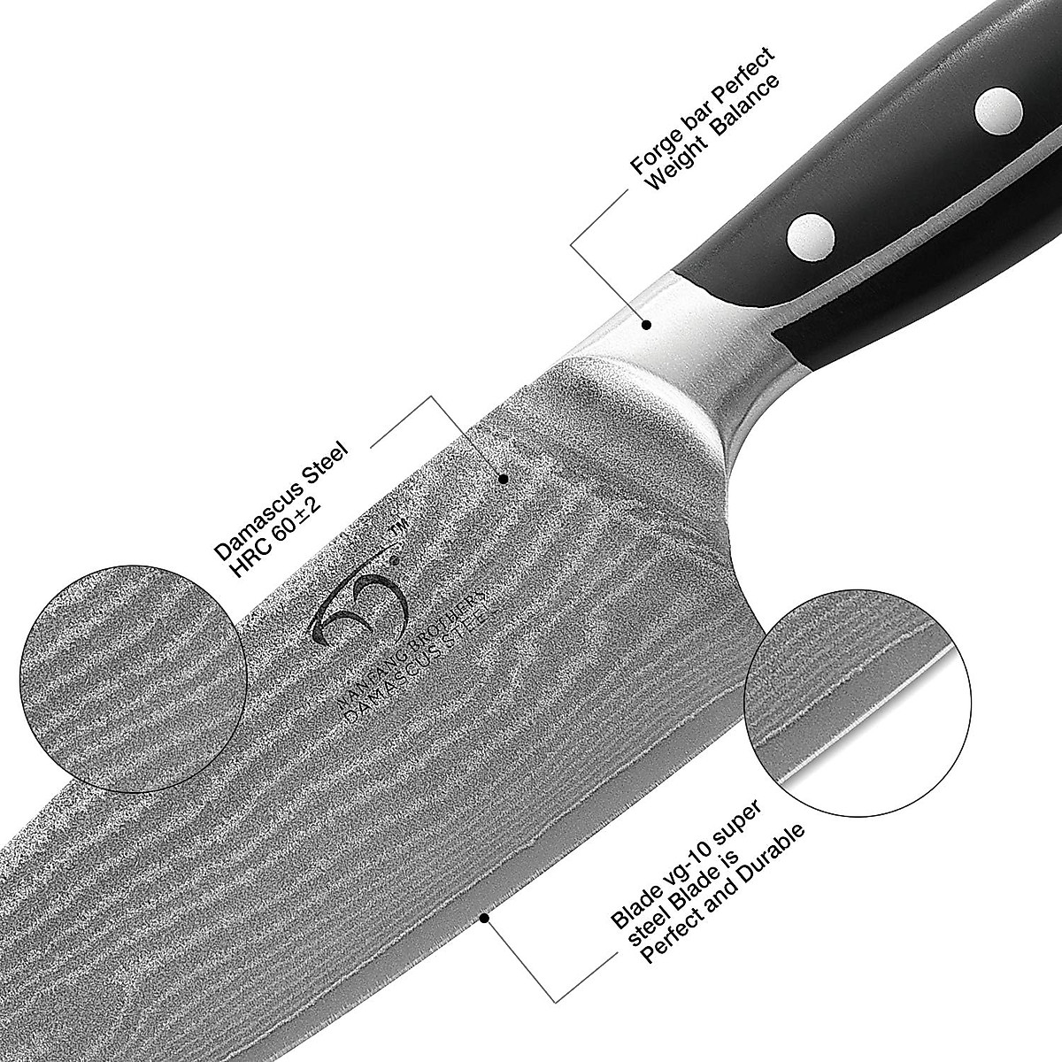 Damascus Kitchen Knife Set with Block, Razor Sharp 67-Layer VG10 Steel and Triple Rivet Handle, Included Chef/Santoku/Utility/Bread/Paring Knives, Sharpener, Kitchen Shears-Natural Wooden Block, 9Pcs