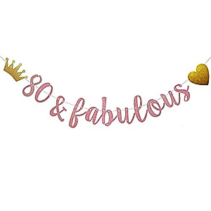 80 & fabulous Banner, Pre-Strung, No Assembly Required, Funny Rose Gold Paper Glitter Party Decorations for 80th Birthday Party Supplies, Letters Rose Gold,ABCpartyland