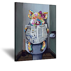 KREATIVE ARTS Funny Animal Painting Wall Decor Giclee Canvas Art Cute Pig Reading Newspaper on Toilet Painting Framed Prints Pictures to Hang for Bathroom Walls Decor 24x32inch