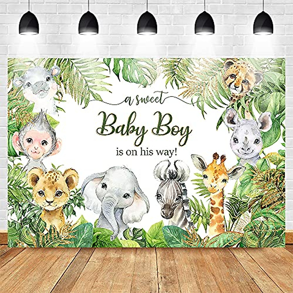 Mocsicka Safari Baby Shower Backdrop Jungle Animals Baby Shower Background Zoo Animals Boy Baby Shower Party Cake Table Decoration Banner (7x5ft)