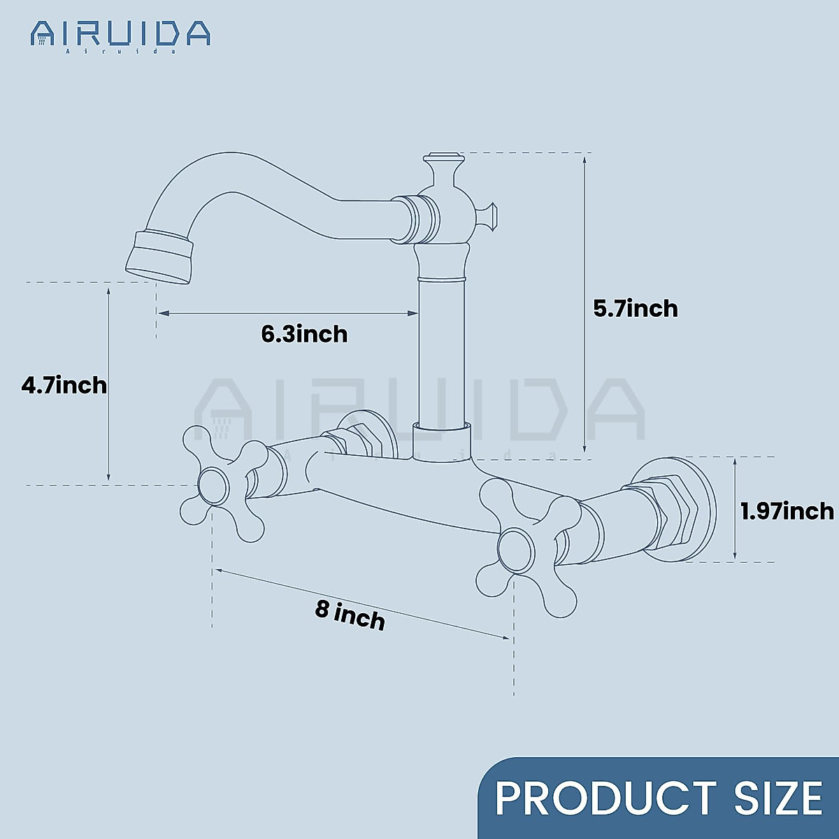 Airuida Antique Brass Wall Mount Commercial Sink Faucet Wall Mounted Kitchen Faucet 360 Rotatable Spout 2 Hole Double Cross Handles 8 Inch Center Tap for Utility Laundry Restaurant Sink
