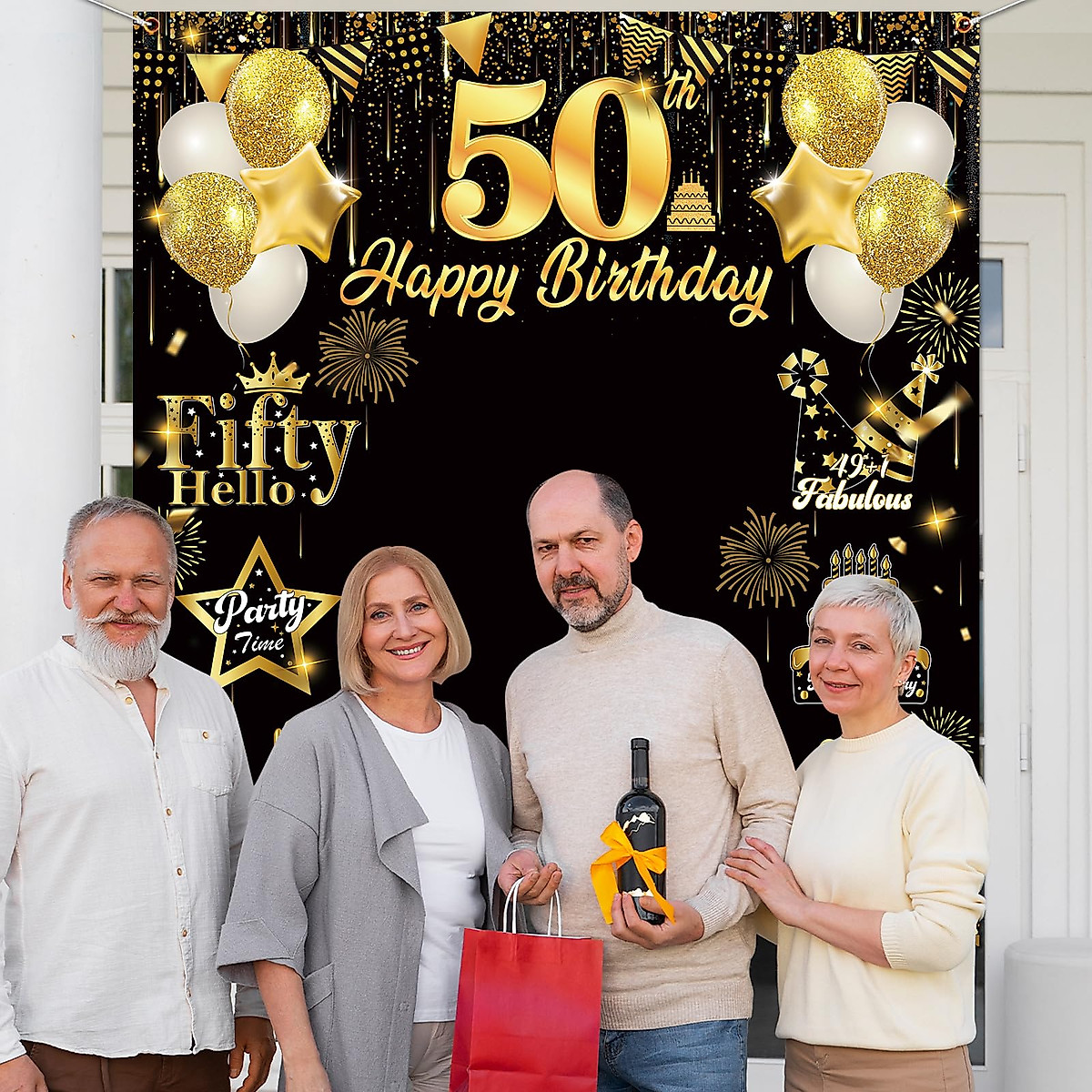50th Birthday Decorations Banner, Large 50th Birthday Backdrop for Photo Booth Props, Black and Gold Fifty Birthday Decorations 50th Birthday Photo Backdrop for Men Women Outdoor Indoor