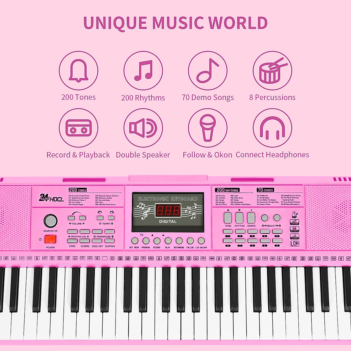 24HOCL 61 Key Premium Electric Keyboard Piano for Beginners with Stand, Built-in Dual Speakers, Microphone, Headphone, Stand & Display Panel (Pink)