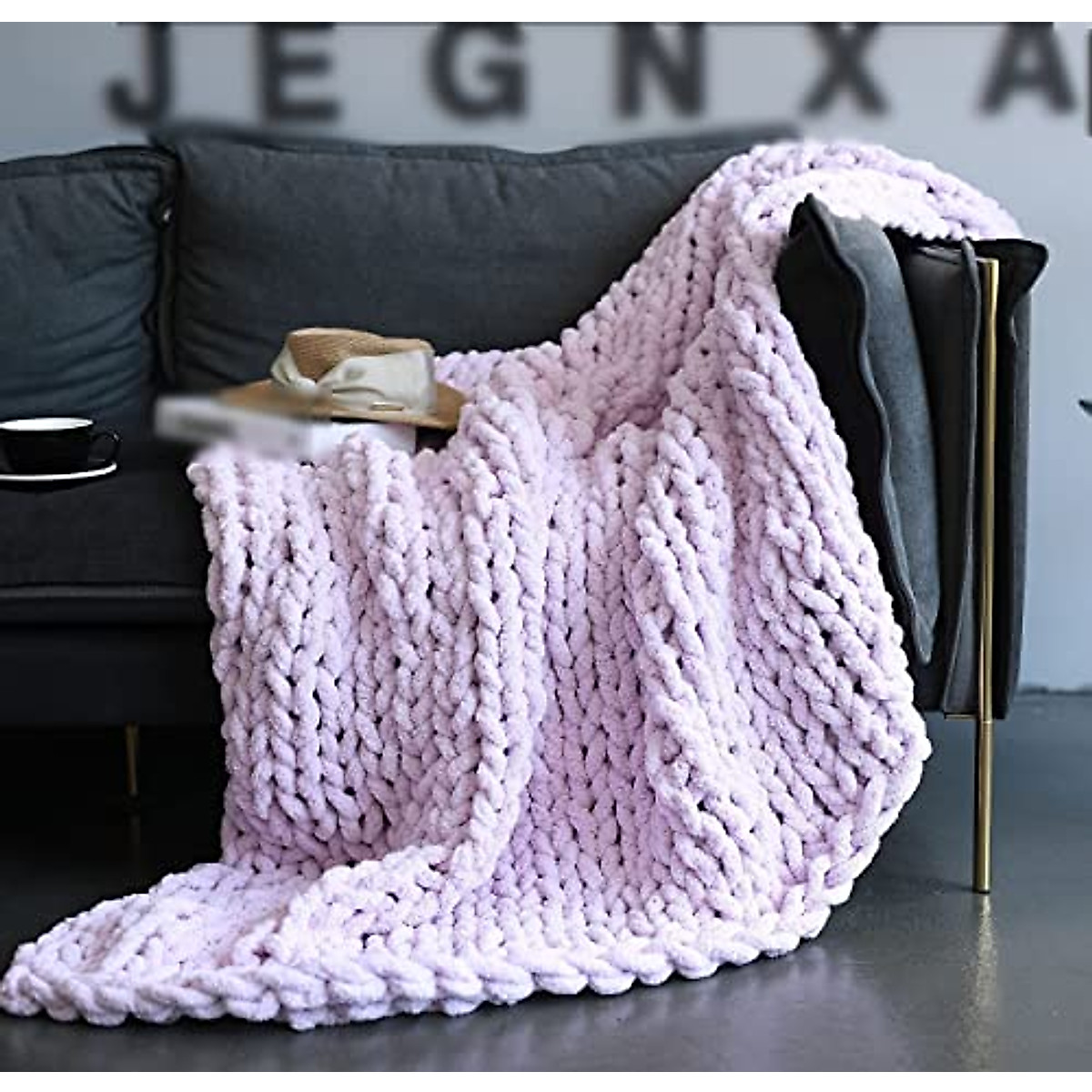 Victusphia Chunky Knit Blanket Throw Chenille Knitted Yarn Throw Blanket for Couch & Bed Fall Decor Large Soft Comfy Cable Blankets & Throws Purple Lavender 50"x60"