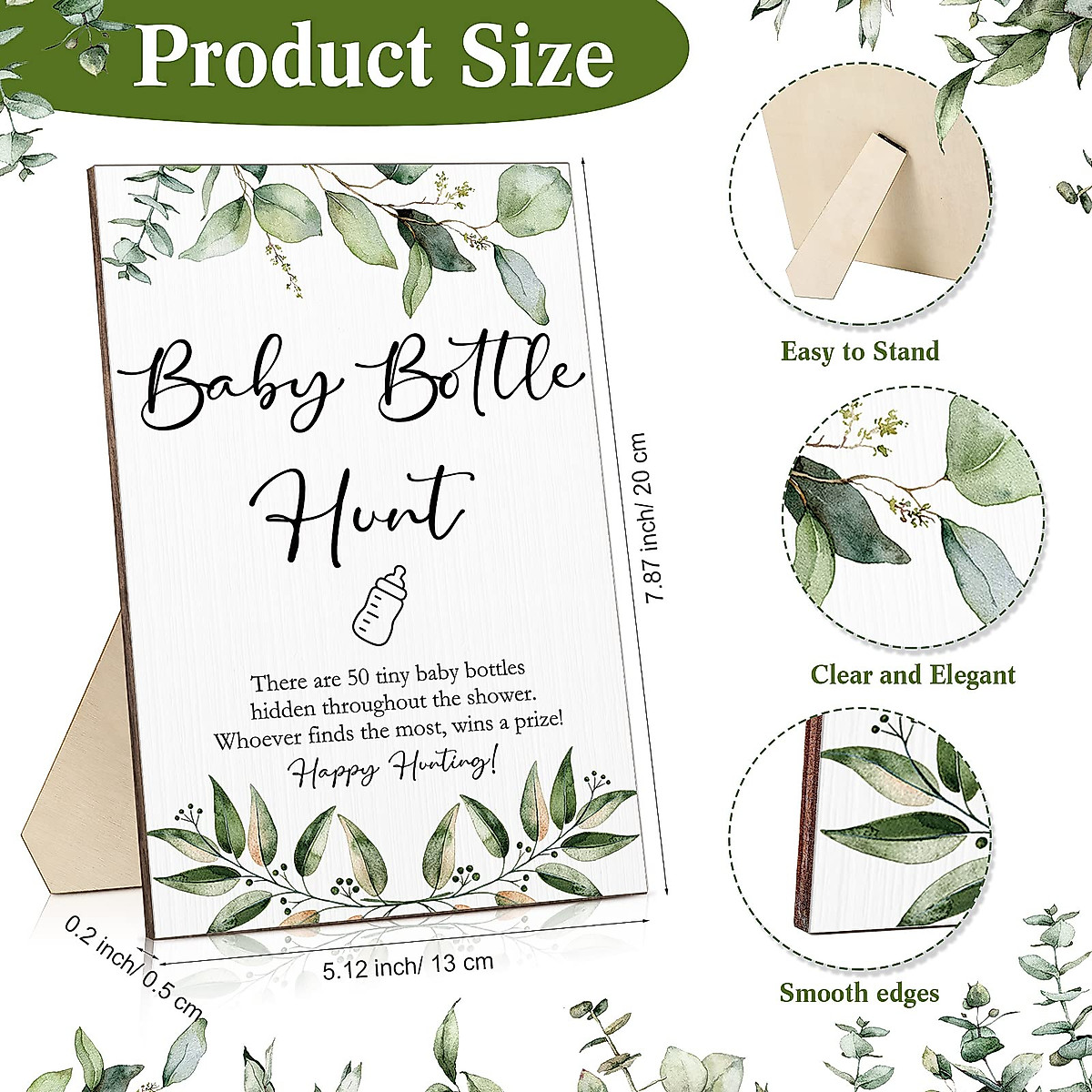 Chunful 51 Pcs Baby Shower Games Include Greenery Baby Bottle Hunt Sign Wooden Baby Gift Sets and 50 Pcs Resin Baby Bottle Shower Favor for Baby Shower Gender Reveal (Blue)