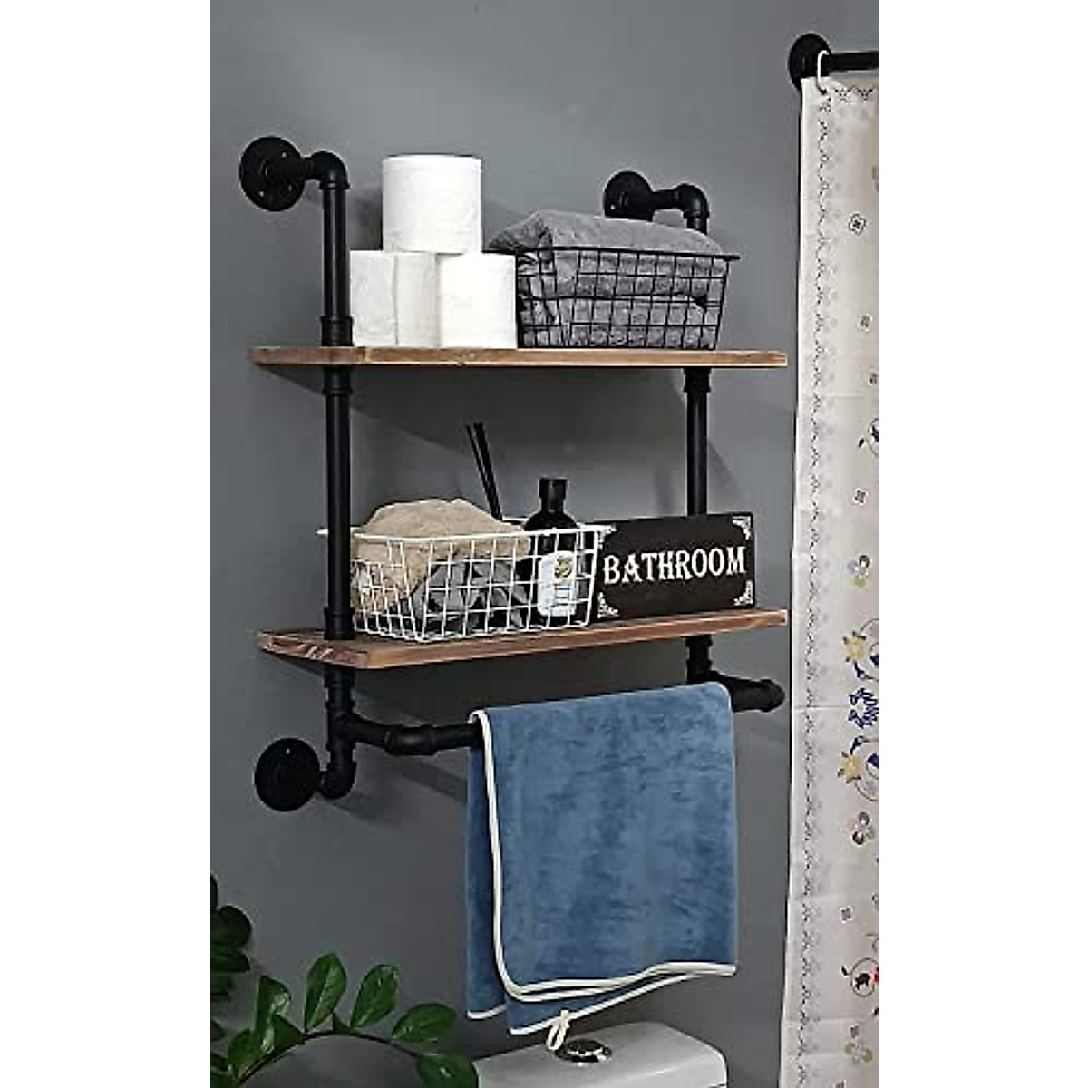 HDDFER Industrial Shelves Pipe Shelving Bathroom Shelves with Towel Bar Rustic Floating Pipe Wall Shelves with Wood Planks, 24 Inch Farmhouse Bathroom Shelves Over Toilet Wall Mounted……