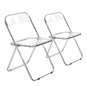 CangLong Modern Acrylic Stackable, Plastic Folding Dining Room Armless Home Comfortable Event Chair, Clear, Set of 2, Transparent + Foldable Legs