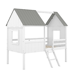 Aiuyesuo Playhouse Design Twin Size Low Loft Bed, Wood House Bed Frame with Two Side Windows,Roof and Full-Length Guardrail for Kids Teens Bedroom, Easy Assembly (White+Gray)