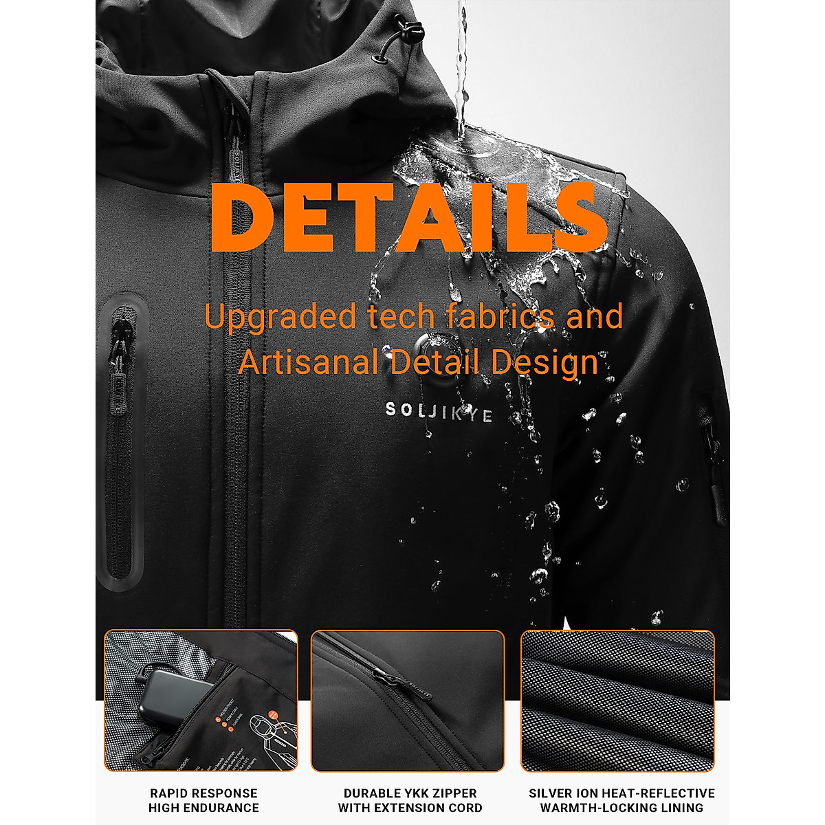 SOLJIKYE Heated Jackets for Men with Battery Pack, Winter Windproof Soft Shell Electric Heated Coat, Black