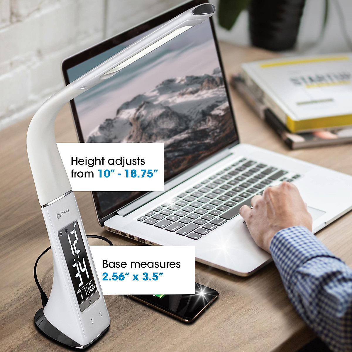 OttLite Thrive LED Sanitizing Desk Lamp with Clock and USB Charging - Eliminates up to 99.9% of Bacteria, Touch Activated, Flexible Neck, Modern Light for Reading, Crafting & Office Desktop