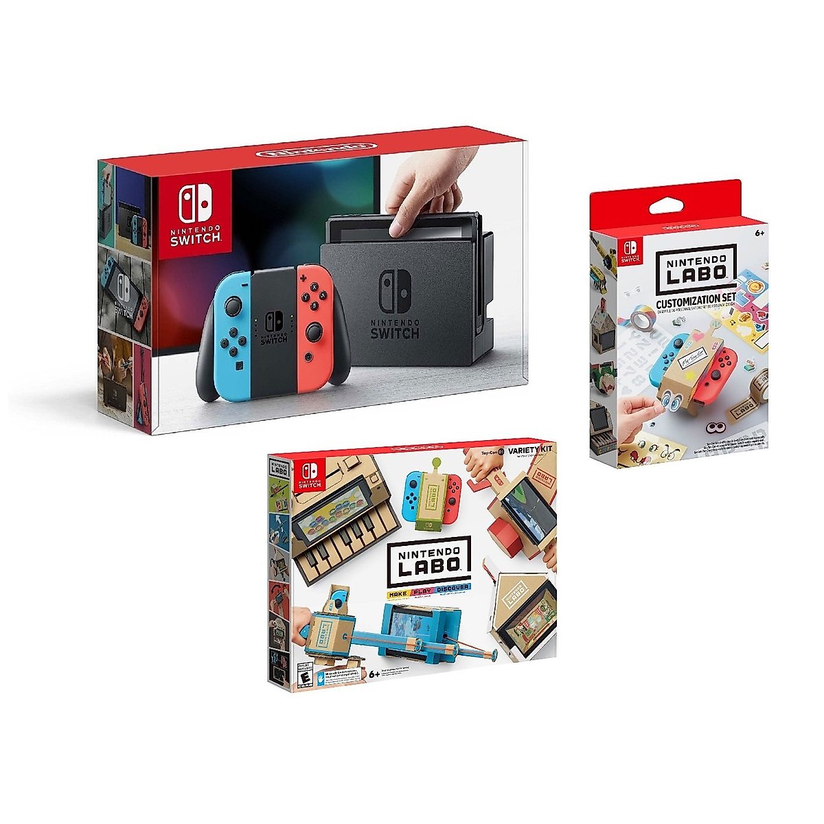 Nintendo Labo Variety Kit, Customization Set, and Nintendo Switch Console with Neon Joy Con Bundle
