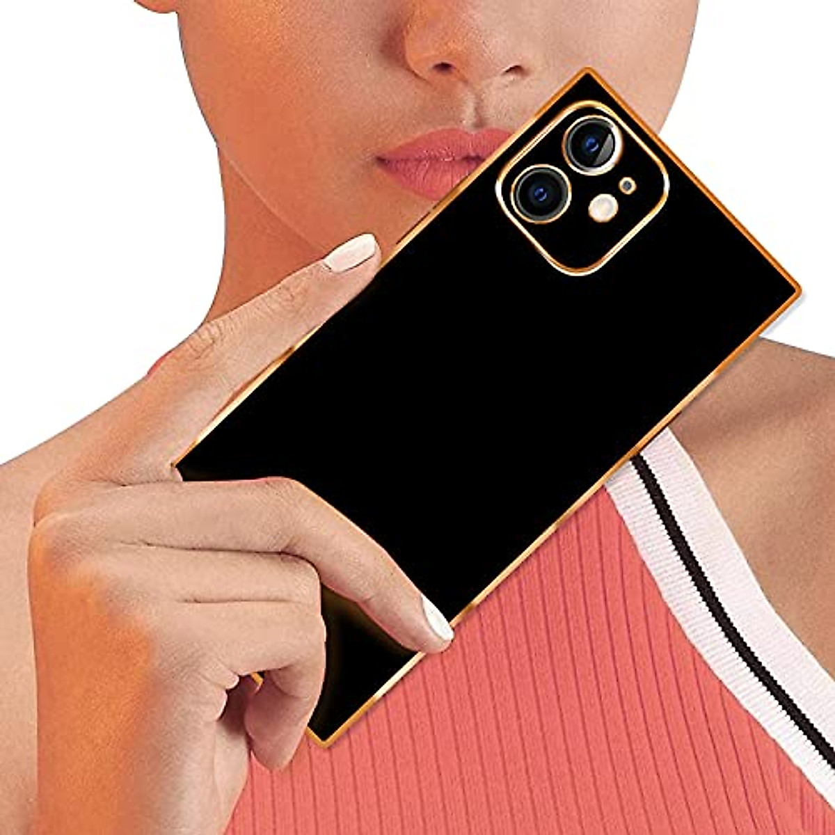 Omorro Square Case Compatible with iPhone 13 Pro Case for Women Girls Cute Candy Bright Luxury Gold Glitter Plating Edge Soft Slim TPU Gel Camera Lens Protective Girly Square Cover Case Black