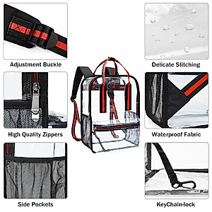 mommore Heavy Duty Clear Backpack Durable See Through Bookbags for School, Work (Red Black, Large)