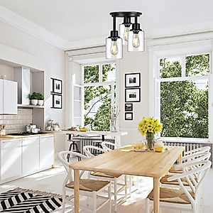 ROTTOGOON Semi Flush Mount Ceiling Light, 3-Light Close to Ceiling Light Fixtures, Matte Black Kitchen Light Fixtures with Clear Glass Shades, Hallway Light Fixtures Ceiling Mount for Foyer Entryway